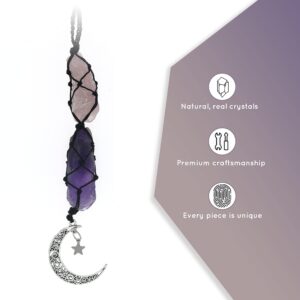 BOHO GARDEN Hanging Car Charm - Rose Quartz, Amethyst - Dangling Moon, Healing Crystal Accessories, Rearview Mirror Decorations - Love, Connection, Self-Worth, Balance, Intuition, Spirituality, Energy