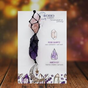 BOHO GARDEN Hanging Car Charm - Rose Quartz, Amethyst - Dangling Moon, Healing Crystal Accessories, Rearview Mirror Decorations - Love, Connection, Self-Worth, Balance, Intuition, Spirituality, Energy