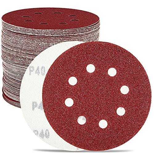 HYCHIKA 100-piece Sanding Discs Set,5 Inch 8 Holes Hook and Loop Sandpaper for Orbital Sander, Include 40/60/ 80/100/120/150/180/240 /320/400 Grit Sandpaper Assortment