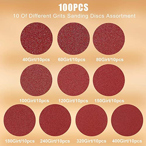 HYCHIKA 100-piece Sanding Discs Set,5 Inch 8 Holes Hook and Loop Sandpaper for Orbital Sander, Include 40/60/ 80/100/120/150/180/240 /320/400 Grit Sandpaper Assortment