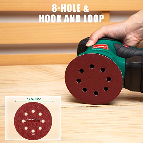 HYCHIKA 100-piece Sanding Discs Set,5 Inch 8 Holes Hook and Loop Sandpaper for Orbital Sander, Include 40/60/ 80/100/120/150/180/240 /320/400 Grit Sandpaper Assortment