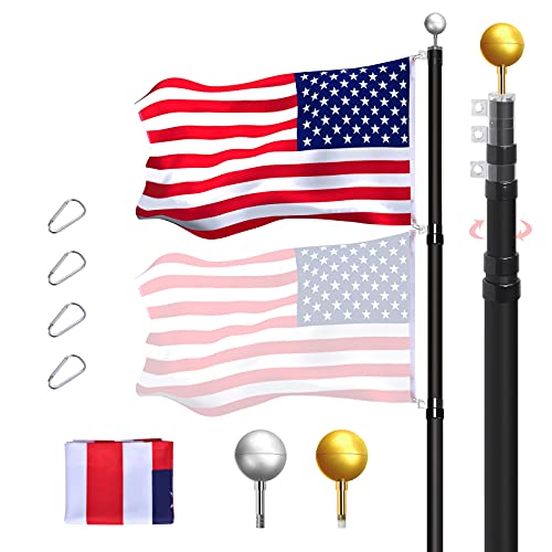 AKTOP 25FT Telescoping Flag Pole Kit, Black Extra Thick Heavy Duty Aluminum Flagpole Fly 2 Flags, Inground Telescopic Flag Poles with 1 USA Flag & 2 Balls Top for Yard, Residential or Commercial