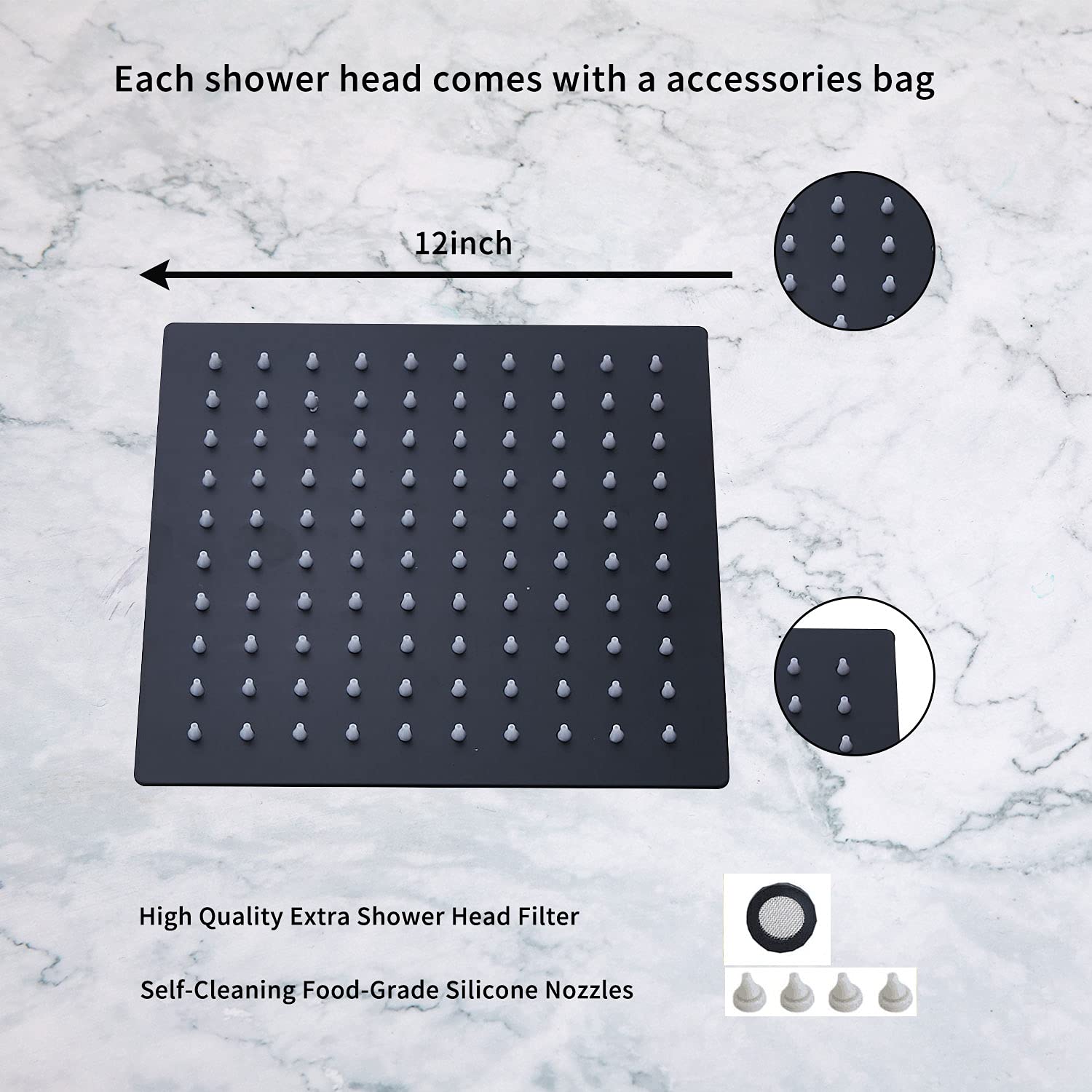 Rain Shower Head Black with Extension Arm 12 Inch Square Shower Head with 16 Inch Shower Arm Large Stainless Steel Rainfall Showerhead Matte Black Waterfall Full Body Coverage by GGStudy