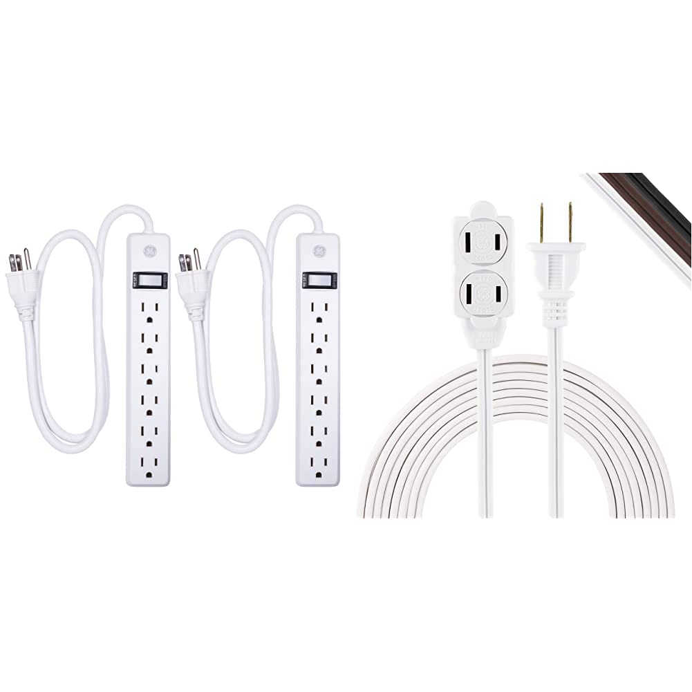 GE 6 Grounded Outlet Surge Protector, 450 Joules, 2 Pack Power Strip, 3 Ft Long Extension Cord & 3-Outlet Power Strip, 12 Ft Extension Cord, 2 Prong, 16 Gauge, Twist-to-Close Safety Outlet Covers