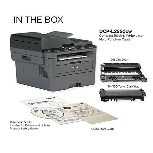 Brother DCP-L2550DWB All-in-One Wireless Monochrome Laser Printer, Black - Print Scan Copy - 36 ppm, 2400 x 600 dpi, 128MB Memory, 50-Sheet ADF, Auto Duplex Printing, 250-Sheet, BROAGE Printer_Cable