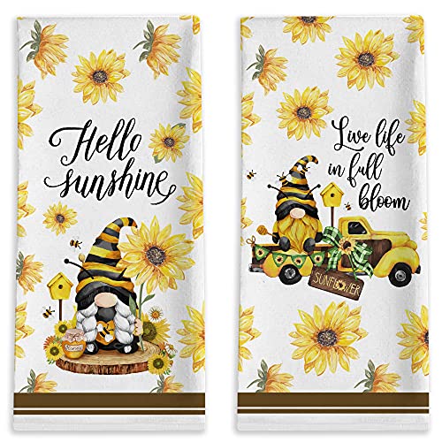 Bonsai Tree Sunflower Kitchen Towels and Dishcloths Sets of 2, Gnomes Bees Farmhouse Dish Towels 18”x28”, Hello Sunshine Seasonal Tea Hand Towels Housewarming Gifts Decor for New Home Bathroom