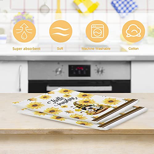 Bonsai Tree Sunflower Kitchen Towels and Dishcloths Sets of 2, Gnomes Bees Farmhouse Dish Towels 18”x28”, Hello Sunshine Seasonal Tea Hand Towels Housewarming Gifts Decor for New Home Bathroom