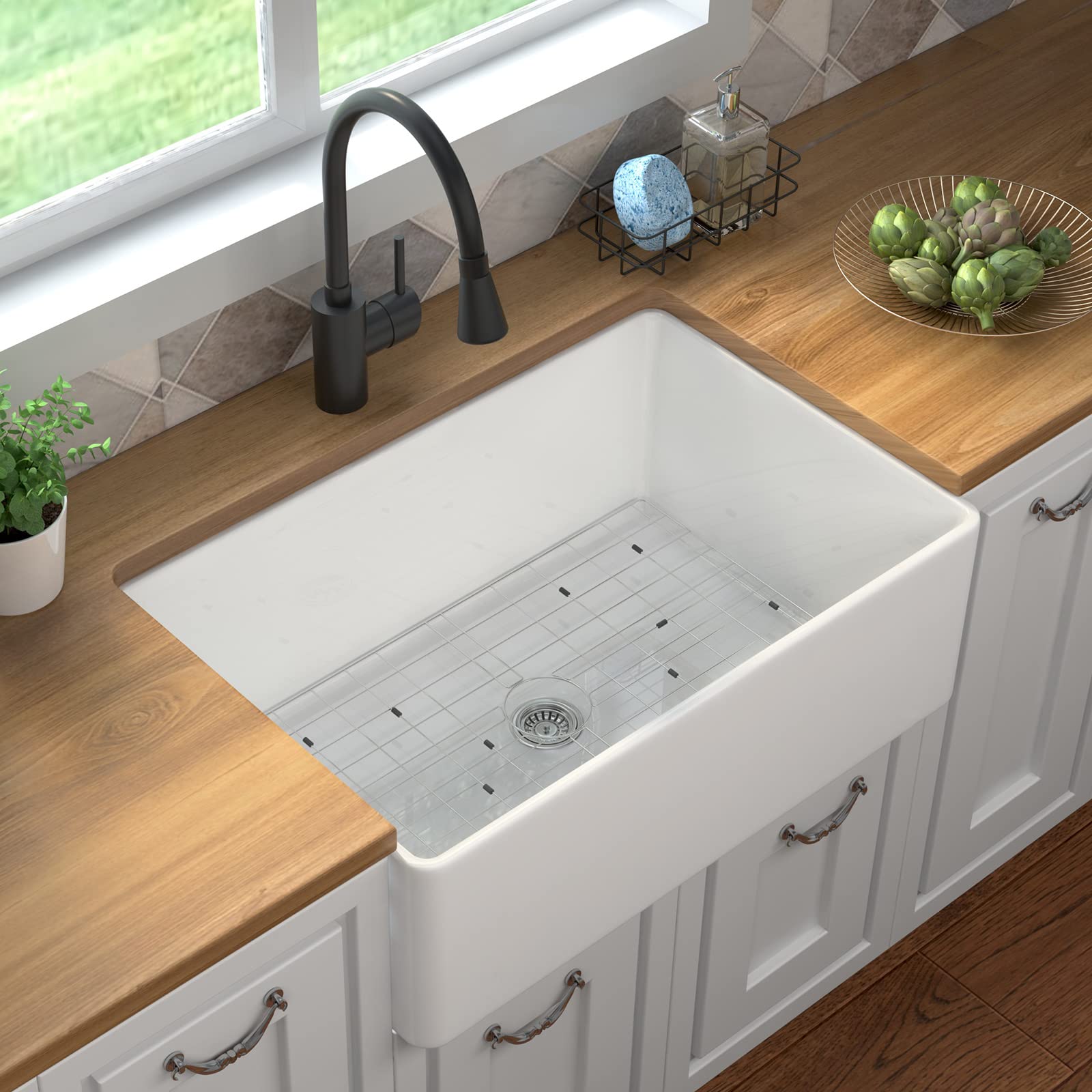 HOROW HRSW Farmhouse Kitchen Sink, 30 x 20 Single Bowl Sink with Bottom Grid & Strainer,Large Apron-front Ceramic Porcelain Sink Basin, 20"D x 30"W x 10"H, White