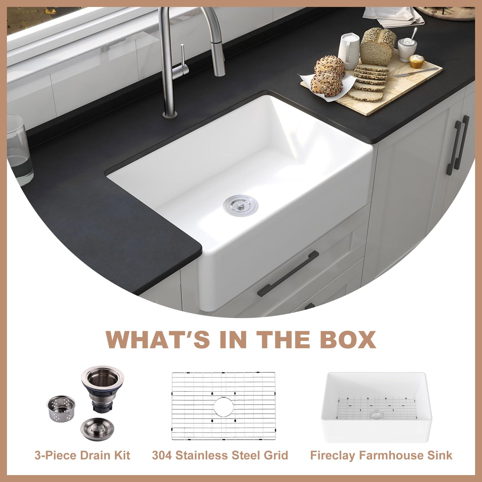 HOROW HRSW Farmhouse Kitchen Sink, 30 x 20 Single Bowl Sink with Bottom Grid & Strainer,Large Apron-front Ceramic Porcelain Sink Basin, 20"D x 30"W x 10"H, White