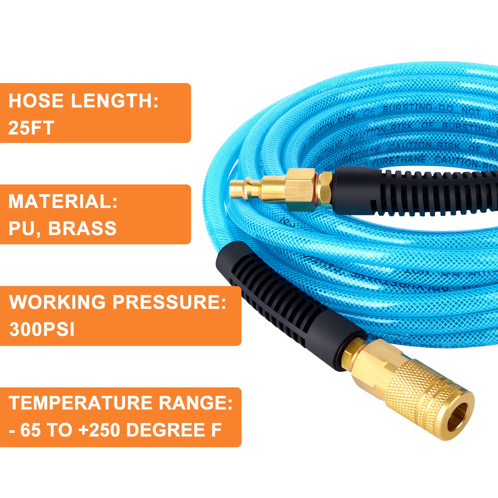 GASHER 1/4'' x 25FT Polyurethane Air Hose, Maximum Working Pressure 300PSI,Composed of Brass And Blue PU hose, Easy to Install