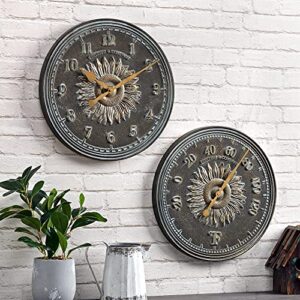 firstime & co. verdigris calisto sunflower outdoor wall clock and thermometer 2-piece set, round, waterproof wall clock for patio, home, plastic, 16 x 1.12 x 16 inches