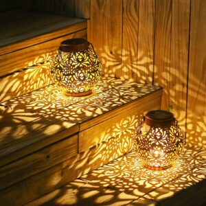 2 pack solar lanterns, samwit hanging solar garden lanterns, waterproof outside lighting, outdoor decorations for patio, garden, yard, tree, lawn, fence