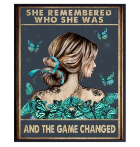 she remembered who she was and the game changed - positive quotes wall decor - uplifting inspirational encouragement gifts for women, teen girls - motivational wall art - light blue boho decoration