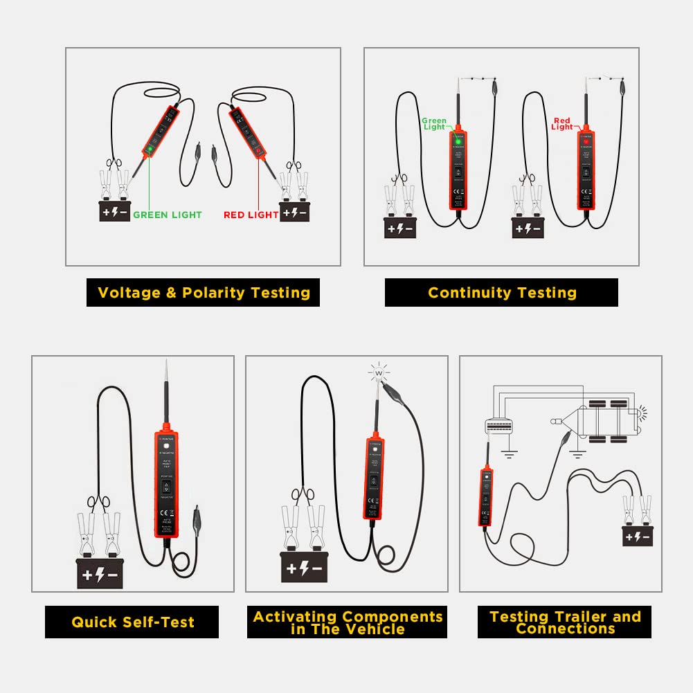 Power Circuit Probe Tester 6V-24V DC Test Light Short Circuit Tester Component Activation Electrical Tester Polarity Identify Continuity Tester with LED Light, Long Test Lead, Overload Protection