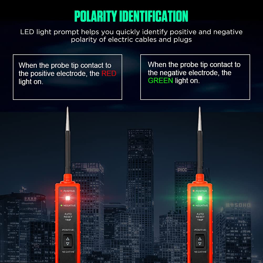 Power Circuit Probe Tester 6V-24V DC Test Light Short Circuit Tester Component Activation Electrical Tester Polarity Identify Continuity Tester with LED Light, Long Test Lead, Overload Protection