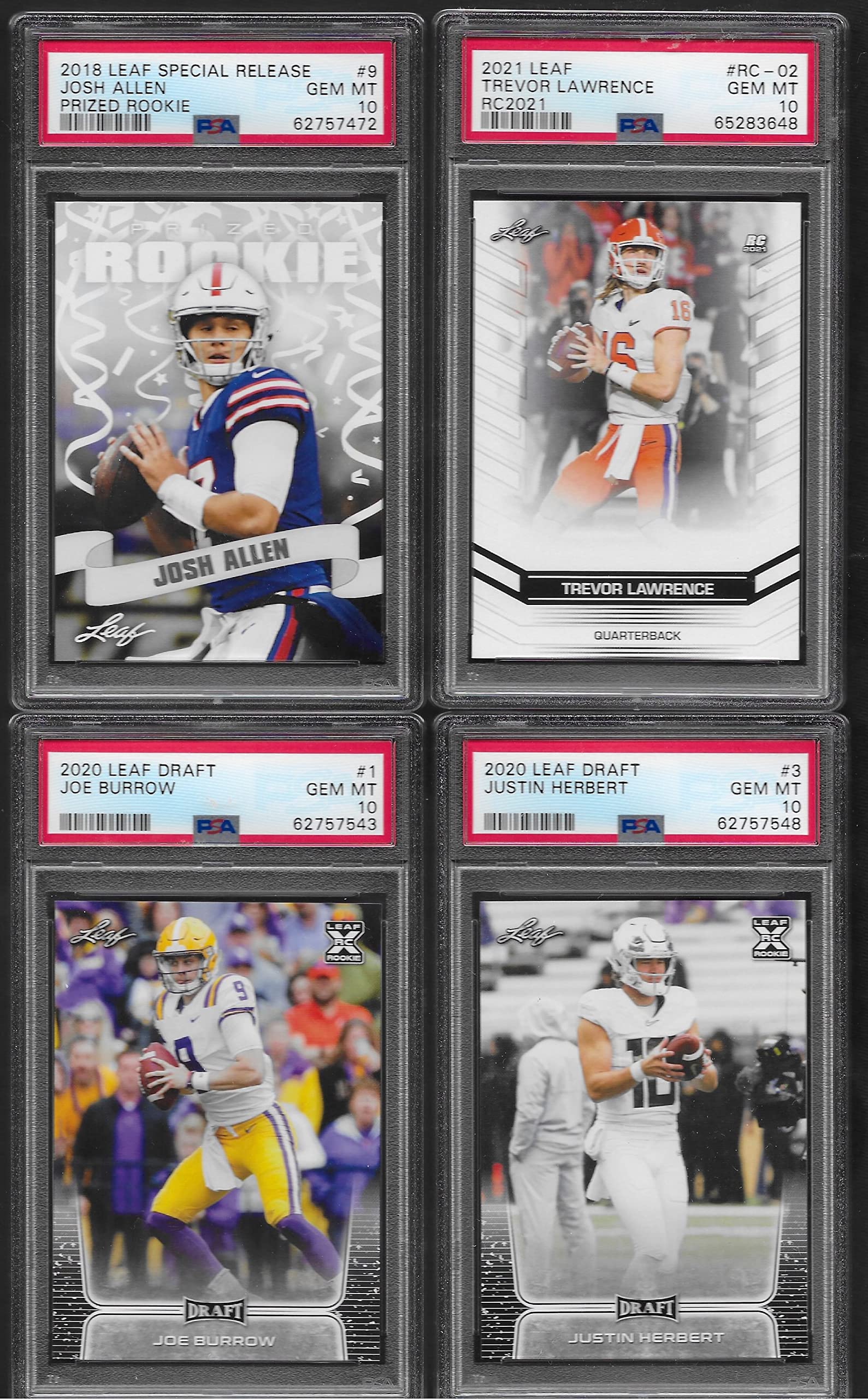 PSA 10 JOSH ALLEN TREVOR LAWRENCE JOE BUUROW JUSTIN HERBERT LEAF 4 CARD ROOKIE LOT GRADED PSA GEM MINT 10 NFL GREAT YOUNG QUARTERBACKS