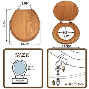 Wood Toilet Seat, Wooden Round Toilet Seats for American Standard Toilet Seat, Durable Metal Chrome Hinges, Natural Wood Veneer Oak