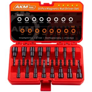 magnetic nut driver set, akm tool 16-piece nut driver set for impact drill, quick-change 1/4" hex shank | sae & metric | cr-v steel