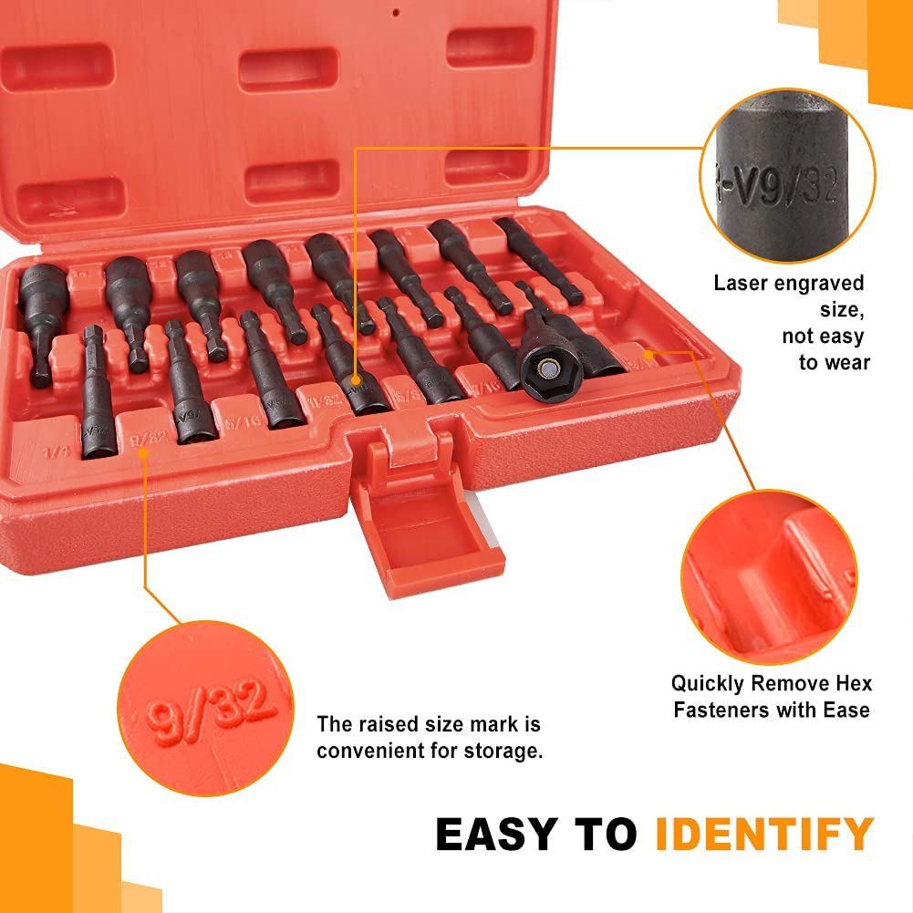 Magnetic Nut Driver Set, AKM TOOL 16-Piece Nut Driver Set for Impact Drill, Quick-Change 1/4" Hex Shank | SAE & Metric | Cr-V Steel