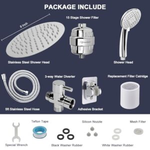 NearMoon Filtered Shower Head, High Pressure 8″Round Rain Shower Head and 5 settings Handheld Shower Filter Combo with Self-adhesive Holder/1.5M Hose -1 Replaceable Filter Cartridge (Chrome Finish)