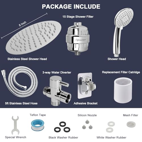 NearMoon Filtered Shower Head, High Pressure 8″Round Rain Shower Head and 5 settings Handheld Shower Filter Combo with Self-adhesive Holder/1.5M Hose -1 Replaceable Filter Cartridge (Chrome Finish)