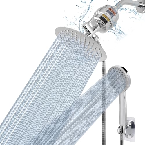 NearMoon Filtered Shower Head, High Pressure 8″Round Rain Shower Head and 5 settings Handheld Shower Filter Combo with Self-adhesive Holder/1.5M Hose -1 Replaceable Filter Cartridge (Chrome Finish)