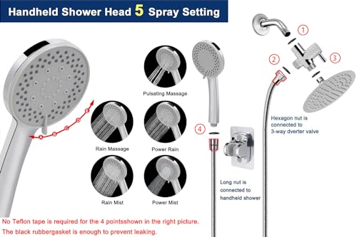 NearMoon Filtered Shower Head, High Pressure 8″Round Rain Shower Head and 5 settings Handheld Shower Filter Combo with Self-adhesive Holder/1.5M Hose -1 Replaceable Filter Cartridge (Chrome Finish)