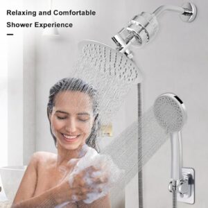 NearMoon Filtered Shower Head, High Pressure 8″Round Rain Shower Head and 5 settings Handheld Shower Filter Combo with Self-adhesive Holder/1.5M Hose -1 Replaceable Filter Cartridge (Chrome Finish)