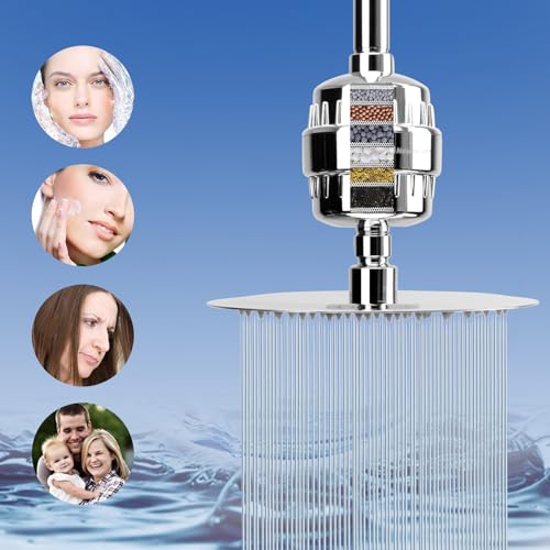 NearMoon Filtered Shower Head, High Pressure 8″Round Rain Shower Head and 5 settings Handheld Shower Filter Combo with Self-adhesive Holder/1.5M Hose -1 Replaceable Filter Cartridge (Chrome Finish)