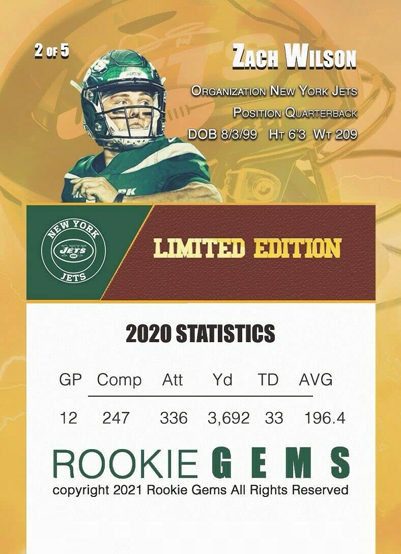 ZACH WILSON 2021 1ST GOLD ROOKIE GEMS ROOKIE CARD RC NEW YORK JETS BYU