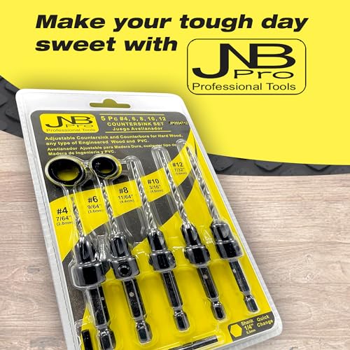 JNB PRO Countersink Tapered Drill Bit Set, Carbon Steel #45, w/ 5pcs Adjustable Depth Stop Collar 4(7/64"), 6(9/64"), 8(11/64"), 10(3/16"), 12(7/32")