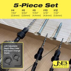 JNB PRO Countersink Tapered Drill Bit Set, Carbon Steel #45, w/ 5pcs Adjustable Depth Stop Collar 4(7/64"), 6(9/64"), 8(11/64"), 10(3/16"), 12(7/32")