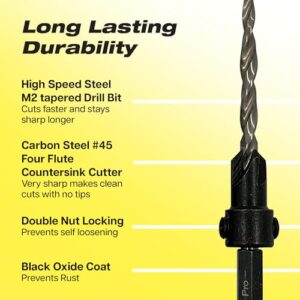 JNB PRO Countersink Tapered Drill Bit Set, Carbon Steel #45, w/ 5pcs Adjustable Depth Stop Collar 4(7/64"), 6(9/64"), 8(11/64"), 10(3/16"), 12(7/32")