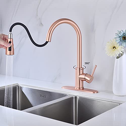 Delle Rosa Copper Rose Gold Kitchen Faucet, Deck Mount, 304 Stainless Steel, Single Handle, 3-Way Spray Setting, Easy Installation