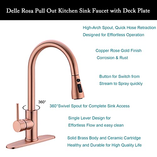 Delle Rosa Copper Rose Gold Kitchen Faucet, Deck Mount, 304 Stainless Steel, Single Handle, 3-Way Spray Setting, Easy Installation