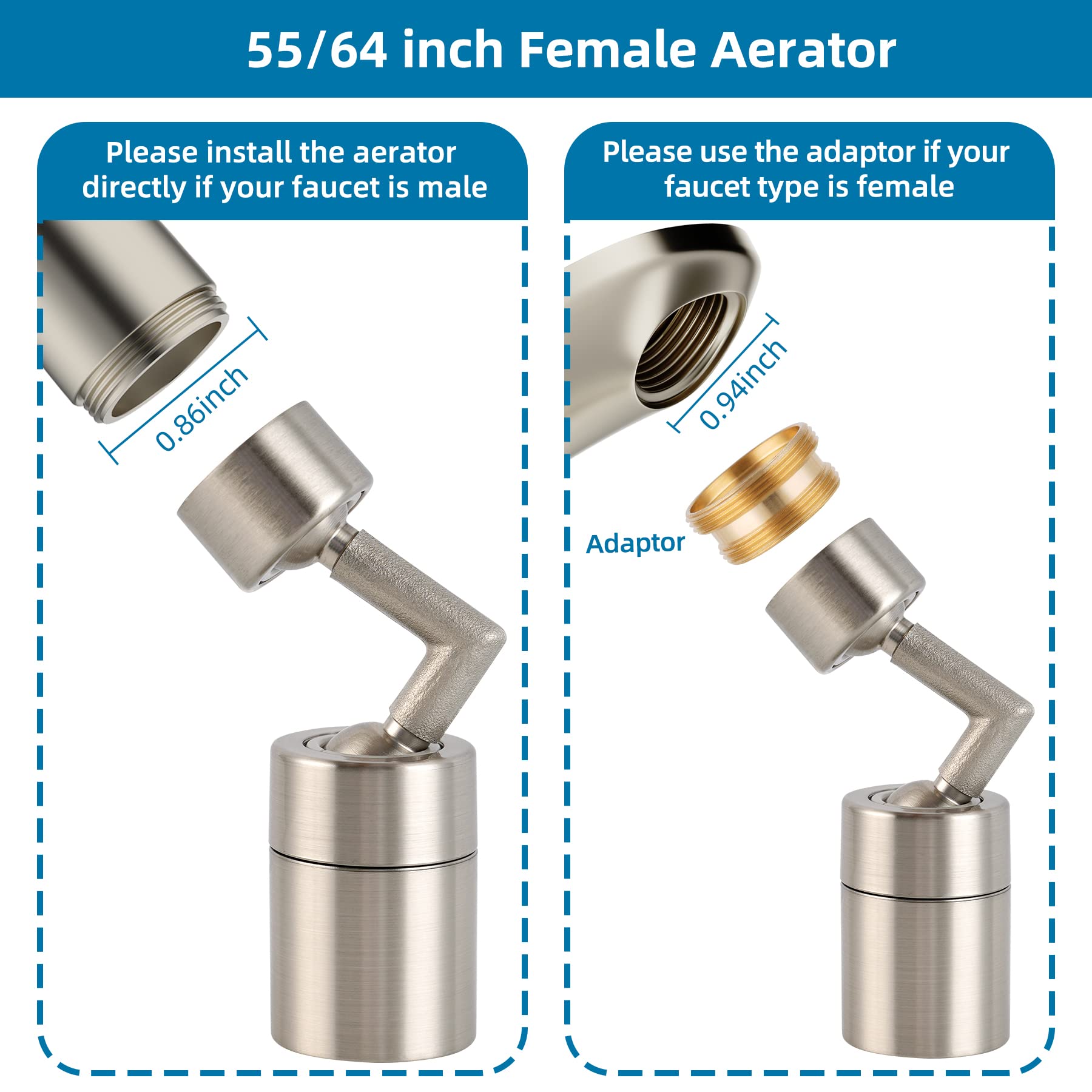 2-Flow Bathroom Faucet Aerator with 3 Adapters, 720-Degree Swivel Female Thread Faucet Aerator with Male Adapter, Water Saving Kitchen Sink Aerator, Brushed Nickel Faucet Extender Attachment