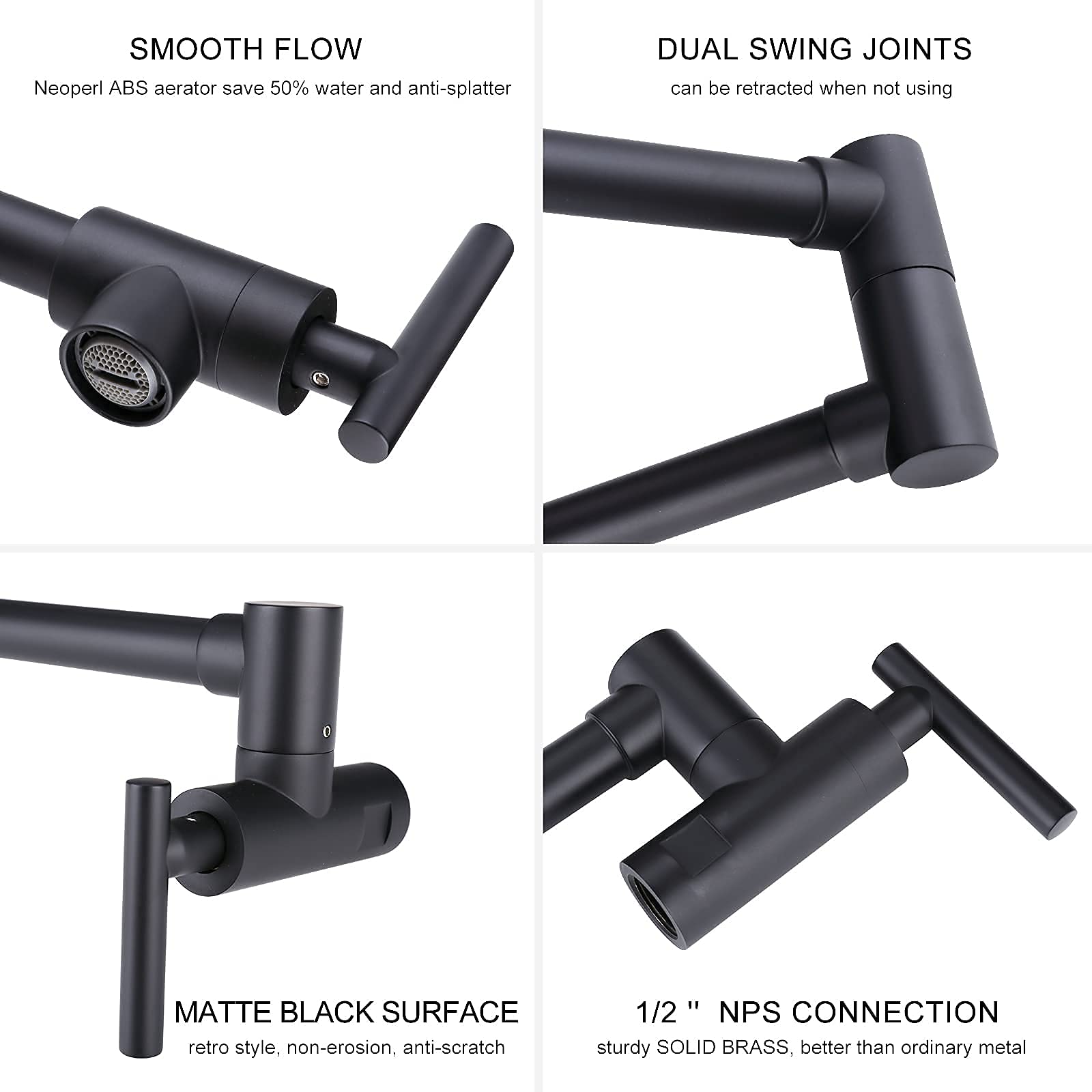 WOWOW Pot Filler Faucet Matte Black Commercial Wall Mount Stove Faucet, Brass Pot Filler Folding Faucet Over Stove, Kitchen Pot Faucet with Double Joint Swing Arms