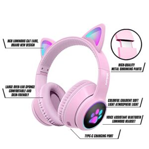 Mokata Gaming Bluetooth 5.0 Wireless Headphones Over Ear Cat LED Light Foldable Music Headset with AUX 3.5mm Microphone (Built-in) for Adult & Kids PC TV Game Music Pad Laptop Cellphone Pink