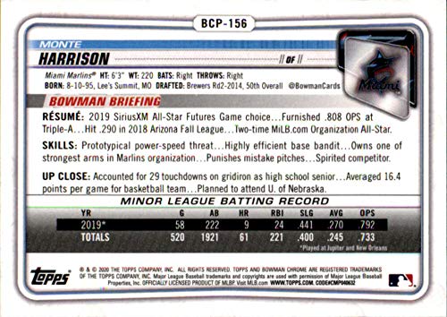 2020 BOWMAN CHROME PROSPECTS #BCP-156 MONTE HARRISON MARLINS BASEBALL MLB