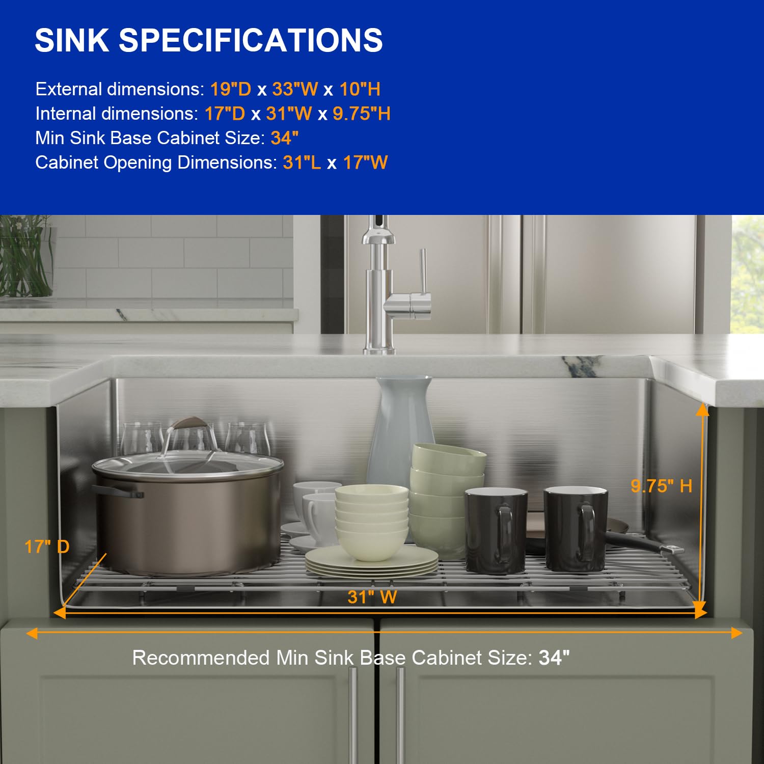 Dcolora 33 Inch Undermount Kitchen Sink 16 Gauge Stainless Steel Deep Large Single Bowl Under Counter Sink, 33"x19"x10" Rounded Corner, DC-U7714