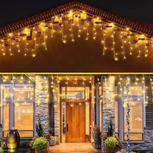 faluos led solar icicle string lights 20ft 288 leds waterproof extendable christmas curtain string lights decorations for bedroom patio yard garden wedding party(warm white)