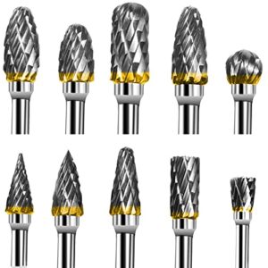 carbide rotary burr set - bigou 10pcs double cut carving burr bits tungsten carbide 1/8" shank 1/4" grinding head for diy carving metal polishing engraving drilling