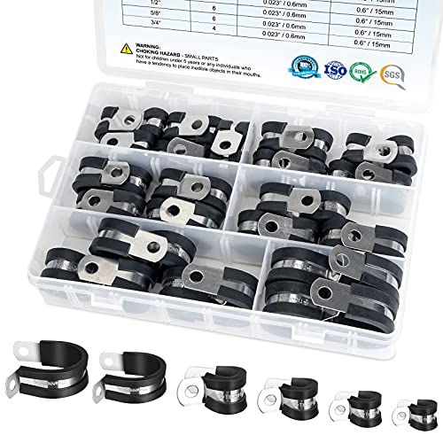 TICONN 42PCS Cable Clamps Set - Rubber Cushioned 304 Stainless Steel Hose/ Loop/ Pipe Clamps in 6 Sizes (42PCS combo, 1/4'' 5/16'' 3/8'' 1/2'' 5/8'' 3/4'')