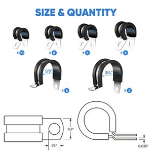 TICONN 42PCS Cable Clamps Set - Rubber Cushioned 304 Stainless Steel Hose/ Loop/ Pipe Clamps in 6 Sizes (42PCS combo, 1/4'' 5/16'' 3/8'' 1/2'' 5/8'' 3/4'')