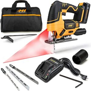 motorhead 20v ultra cordless jig saw, lithium-ion, led, laser & edge guide, 0-45° bevel, 80” stroke, 2700 spm, variable speed, tool-free blade change, 2ah battery, charger, bag, 3 blades, usa-based