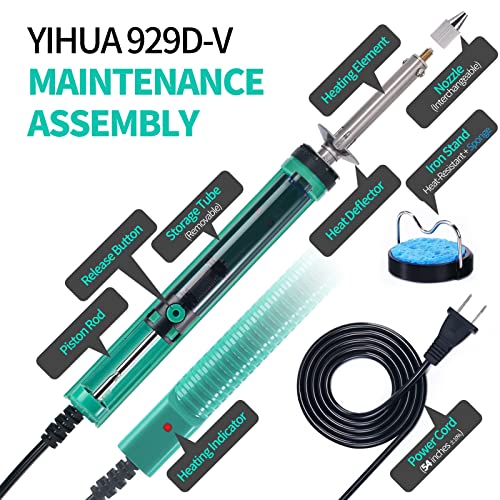 YIHUA 929D-V Electric Desoldering Soldering Iron Solder Sucker Desoldering Pump with Shorter Charging Handle and Desoldering Nozzles 1.0mm 1.2mm for Through-Hole Desoldering