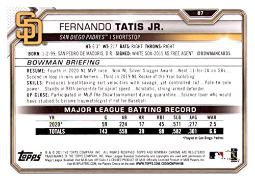 2021 Bowman #87 Fernando Tatis Jr. San Diego Padres Baseball Card