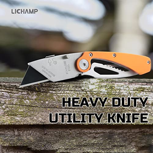 Lichamp 6-Pack Folding Utility Knife Box Cutter with SK2 Blades, Quick Change Razor Knife Utility Pocket Construction Blade Knife, (Black+Silver+Orange, D6M1)