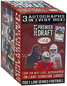 2021 sage hit premier draft low series football blaster box (63 cards/bx incl. three autograph cards)