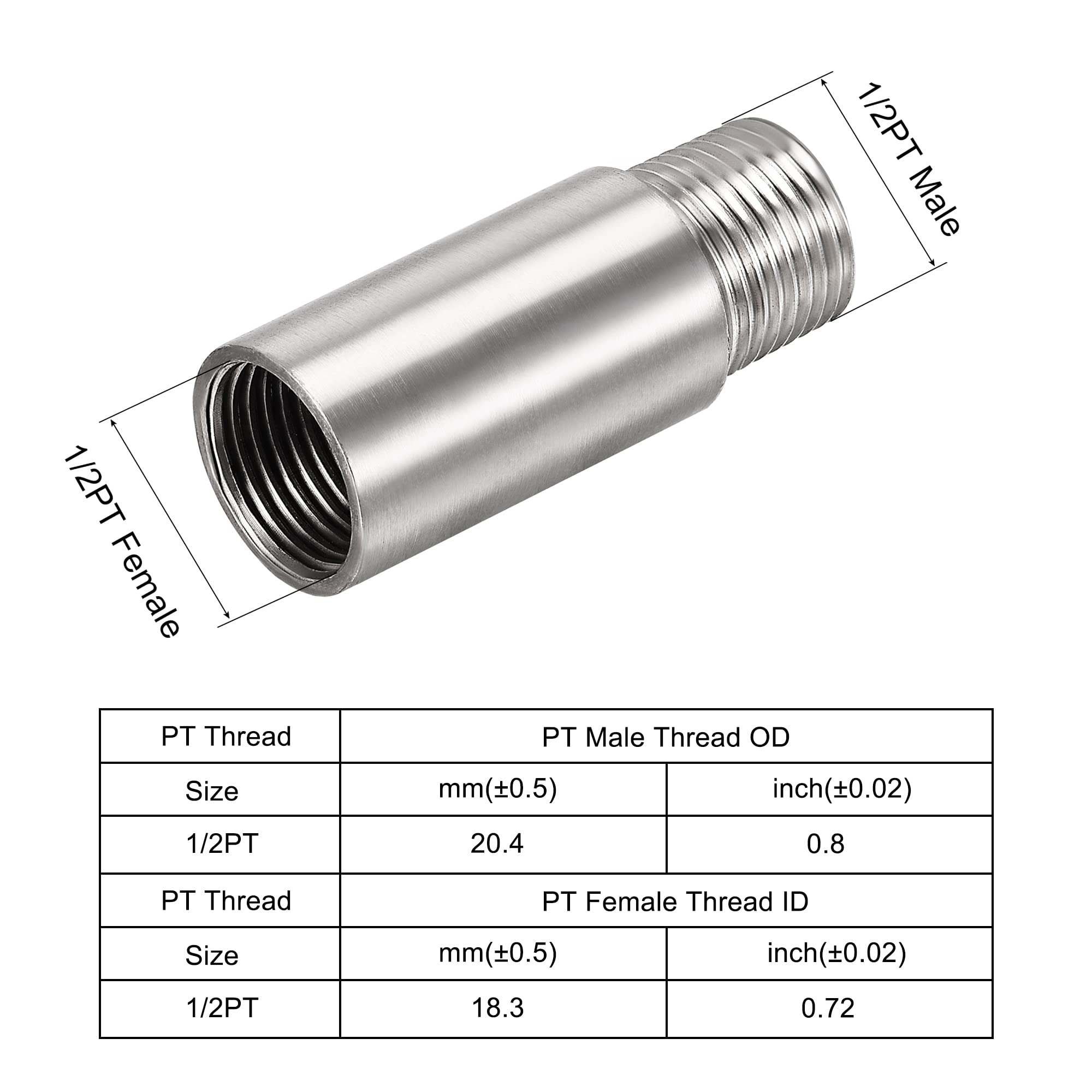 uxcell Shower Head Extension Arm Stainless Steel 1/2PT Male to 1/2PT Female Thread 60mm Length Cast Pipe Fitting Coupler 2Pcs